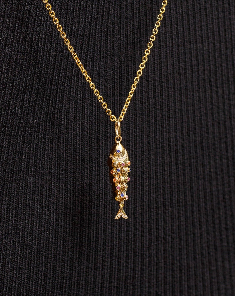 Multi Gemstone Gold Fish Necklace Charm | Sparkle Society